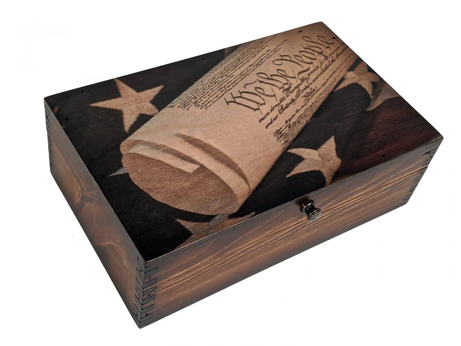 US Flag & Constitution Pistol Case - Wooden Handgun Box
